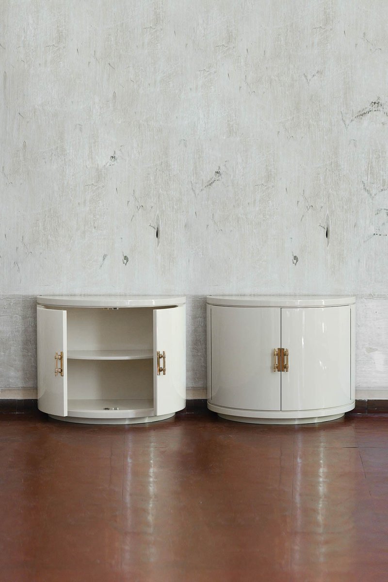 Ivory Lacquered Half-Moon Sideboards with Brass Details, 1930s, Set of ...