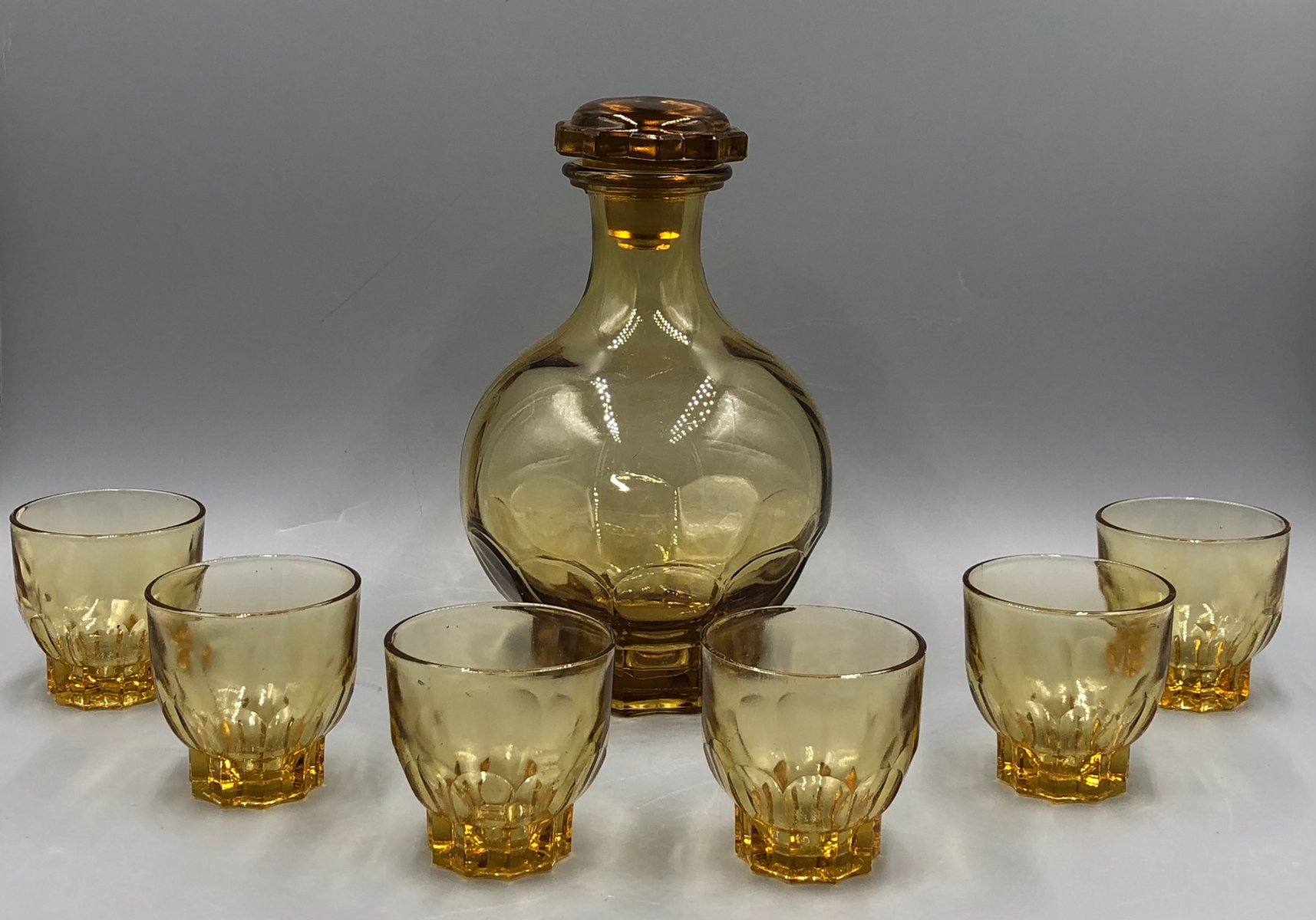 Antique French Amber Pressed Glass Liqueur Set, Set of 7 for sale at Pamono