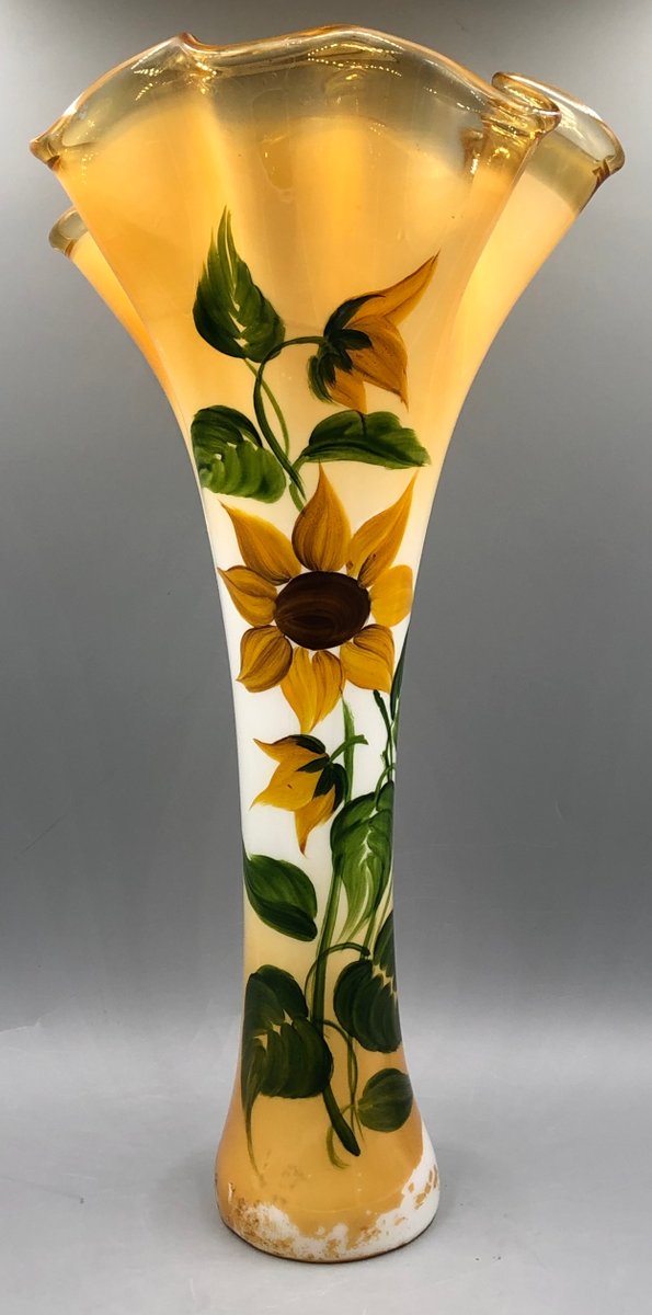 Large Antique Art Nouveau Glass Vase Hand Painted with Sunflowers for ...