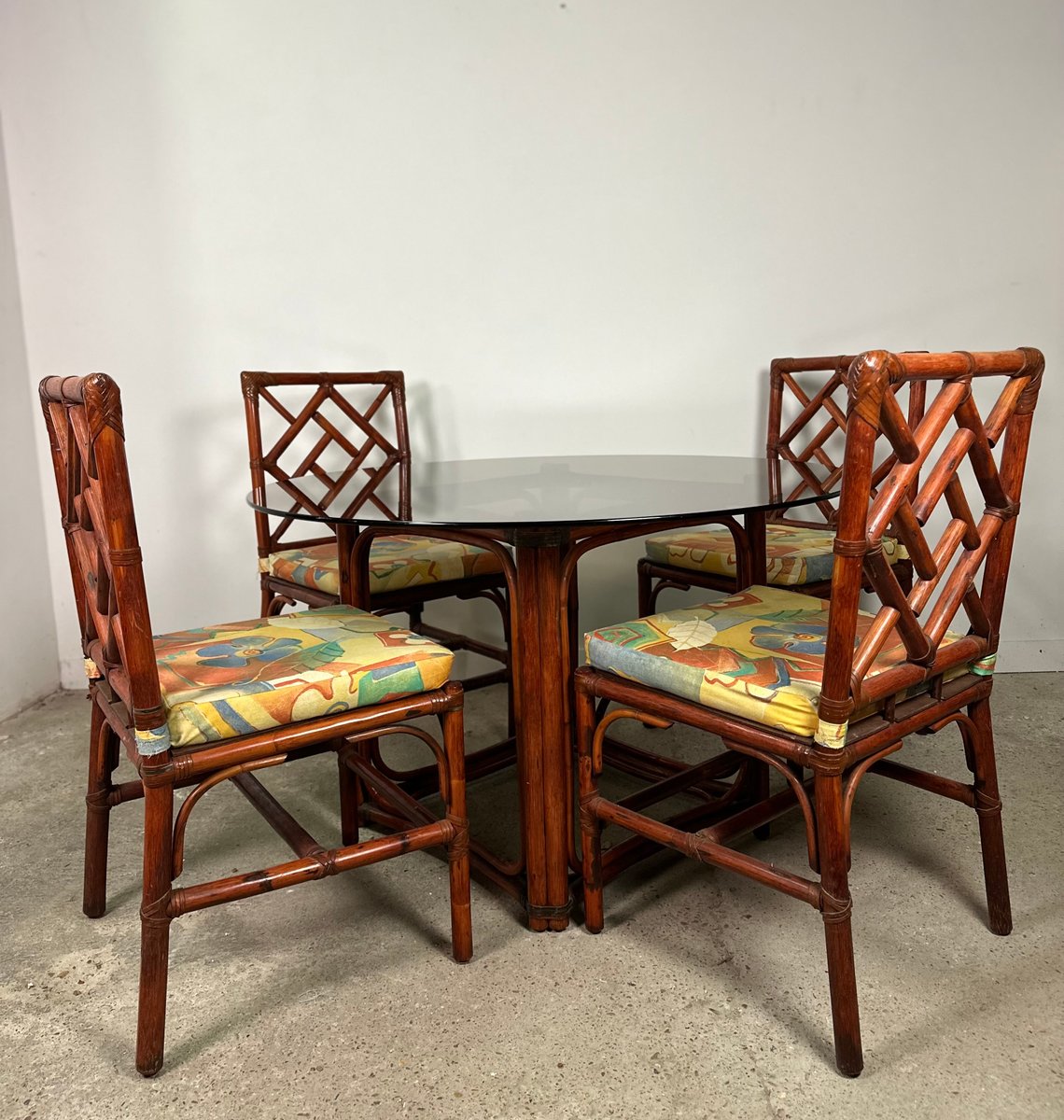 Vintage Rattan Table and Chairs, 1980s, Set of 5 for sale at Pamono