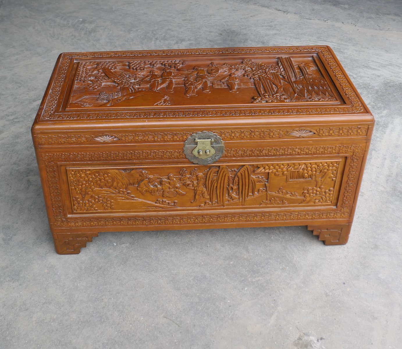 Oriental Carved Camphor Wood Chest, 1930s for sale at Pamono