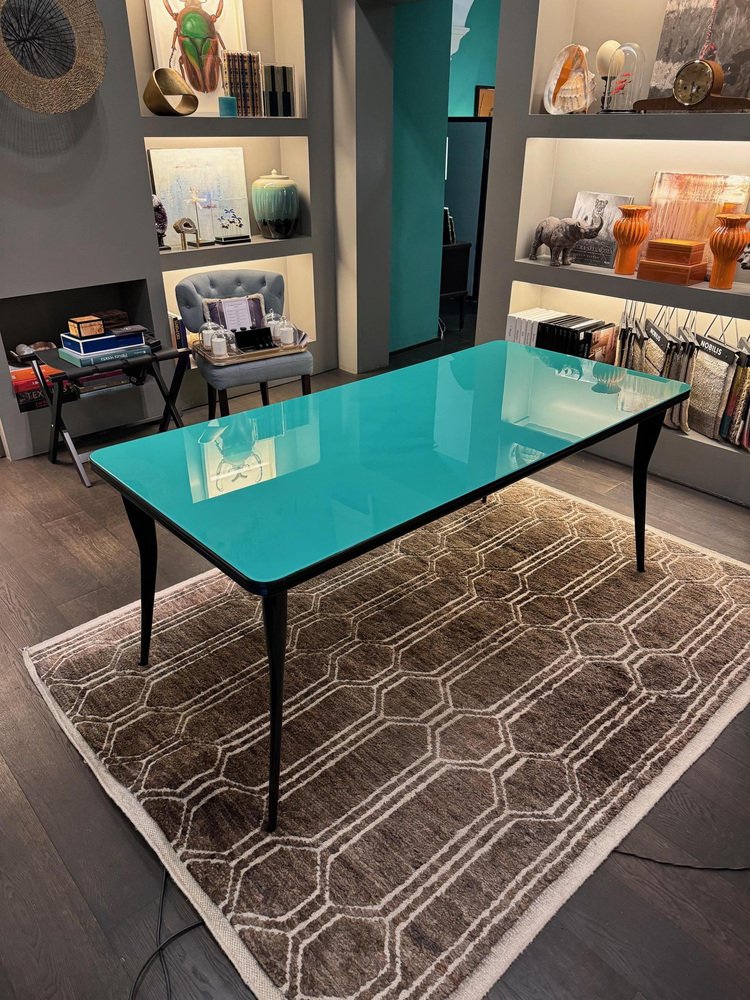 Black Lacquered Wooden Table with Green Back-Lacquered Glass Top, 1960s ...