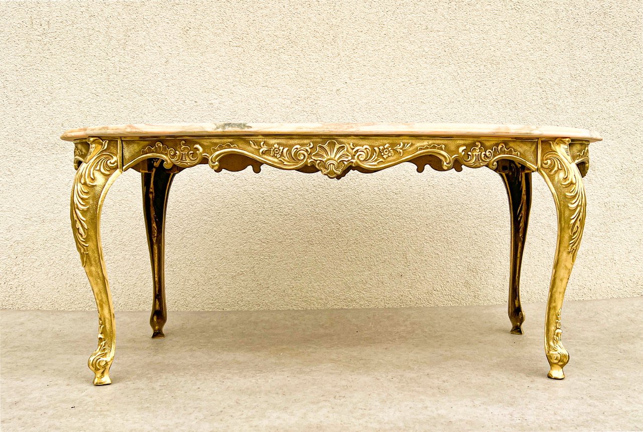 Vintage French Oval Brass and Onyx Marble Coffee Table, 1960s for sale at Pamono