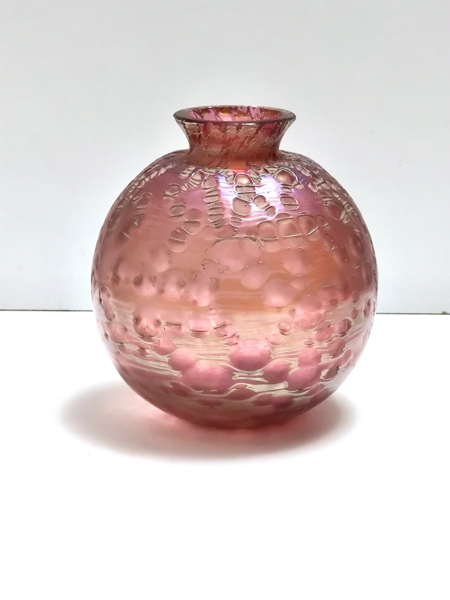 Vintage Pink Iridescent Etched Blown Glass Vase Diaspora attributed to ...