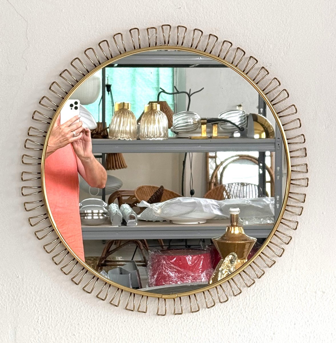Large Mid-Century Round Sunburst Wall Mirror with Golden Metal Loop ...