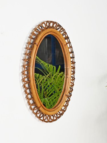 French Riviera Spring-Shaped Oval Mirror in Rattan and Wicker, Italy ...