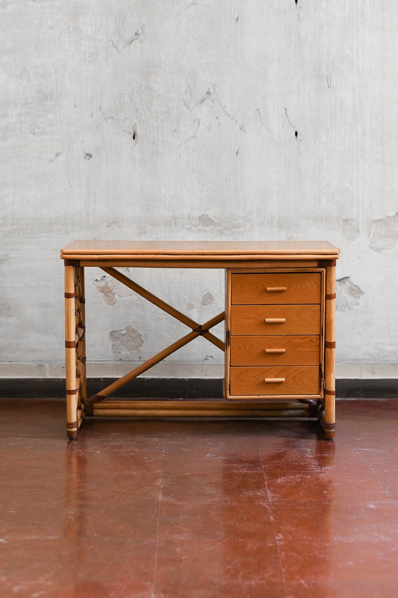 Reed Desk with Wooden Shelf, Drawers and Leather Bindings, 1970s for ...