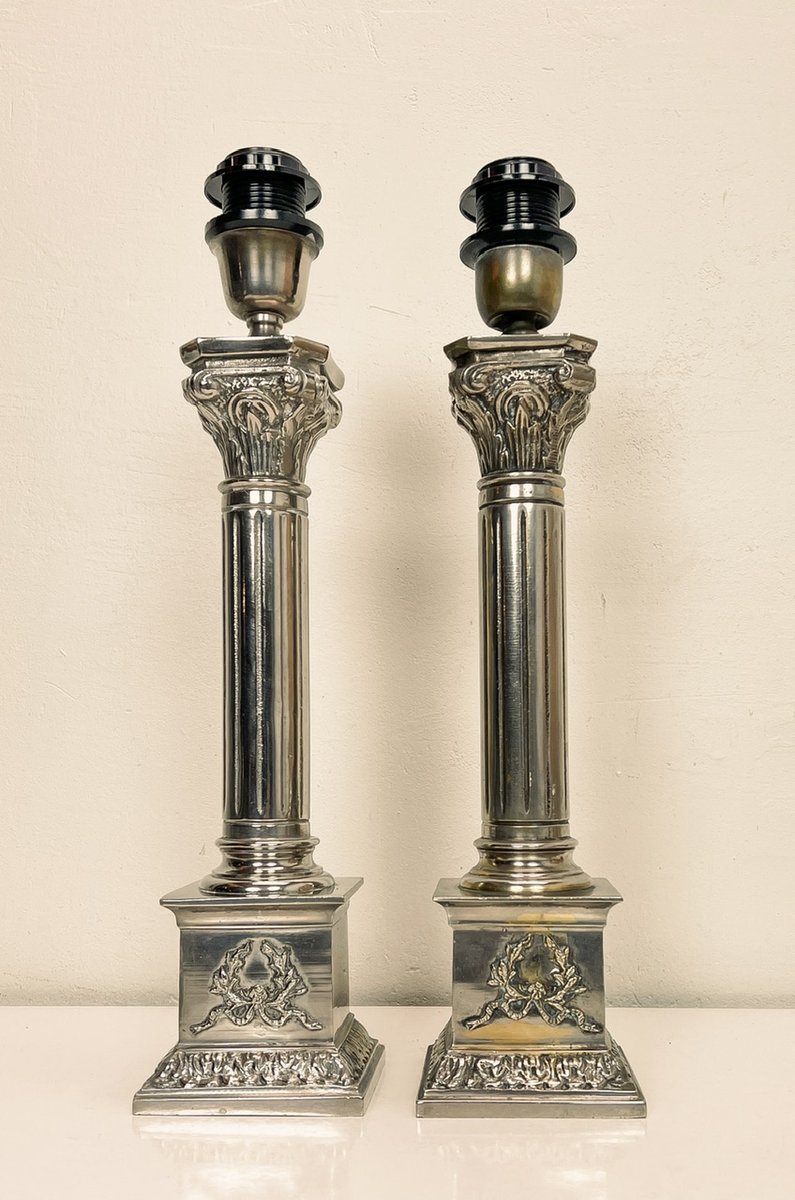 Nickel-Plated Brass Column Table Lamps in the style of Greek, 1970s ...