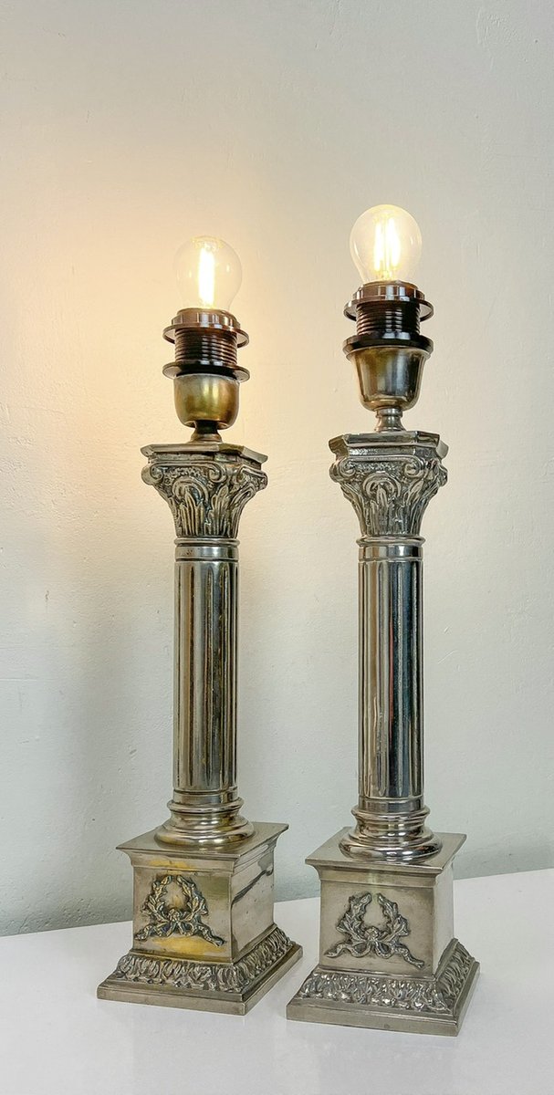 Nickel-Plated Brass Column Table Lamps in the style of Greek, 1970s ...