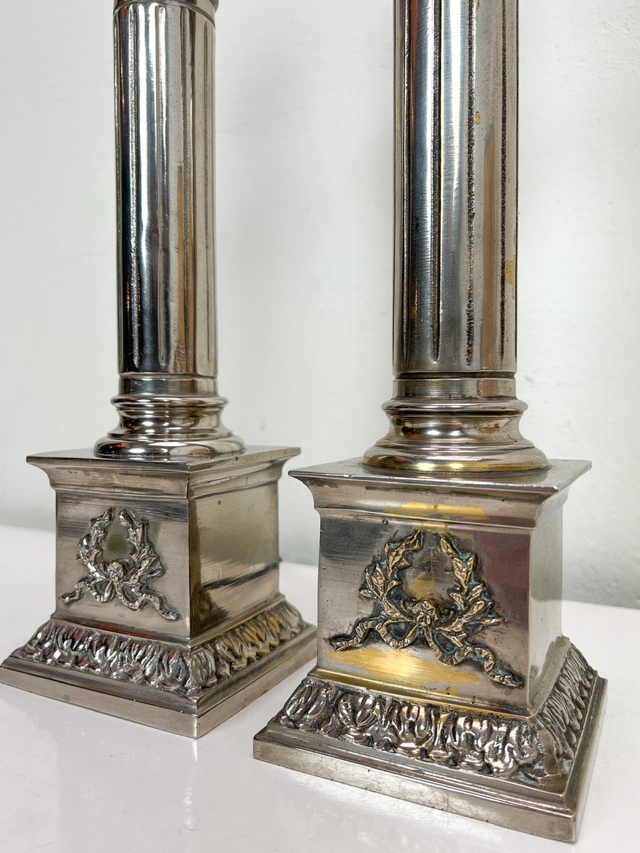 Nickel-Plated Brass Column Table Lamps in the style of Greek, 1970s ...