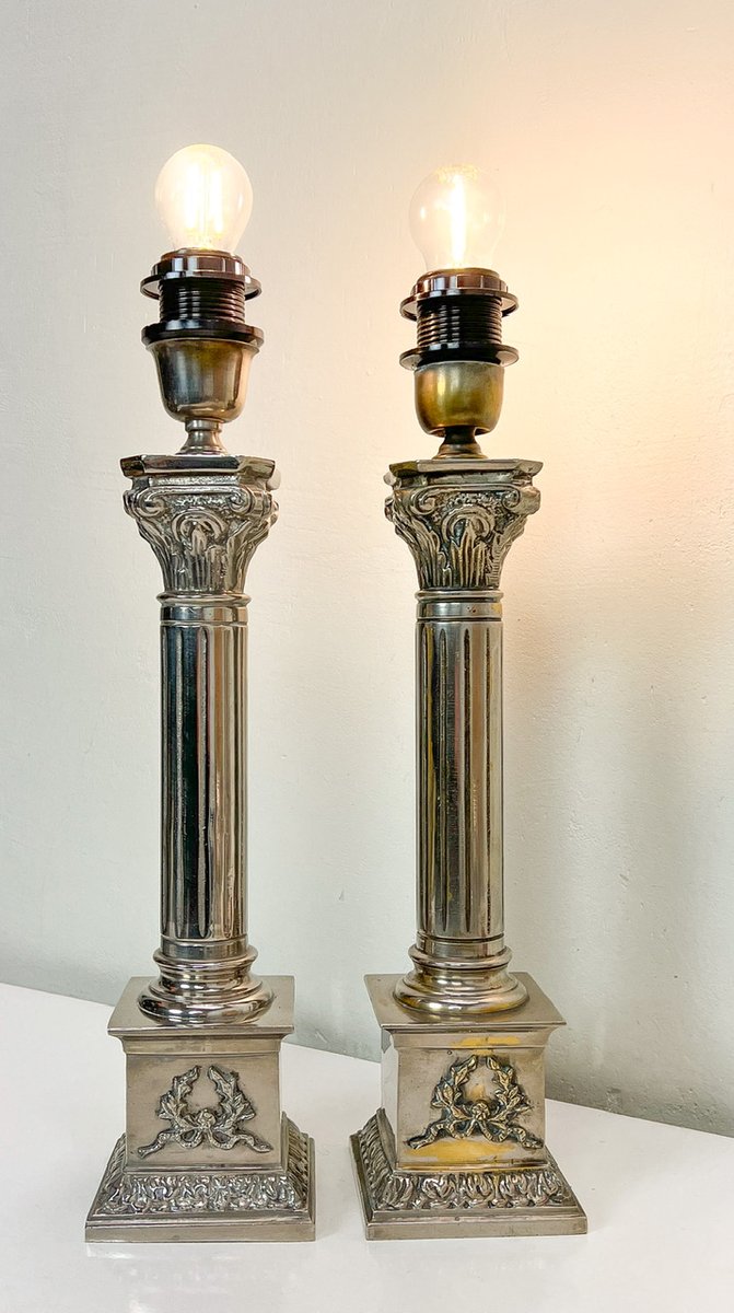 Nickel-Plated Brass Column Table Lamps in the style of Greek, 1970s ...
