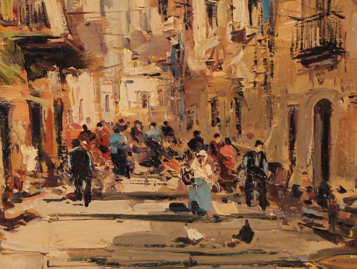 Ciro Canzanella, Impressionist Street Scene in Italy, 20th Century, Oil ...