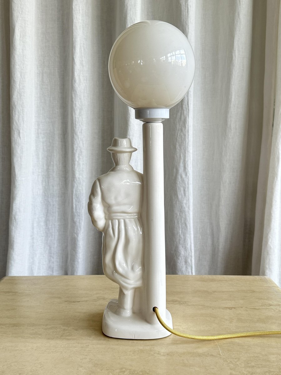 White Porcelain Table Lamp with Detective Sculpture and Spherical Milk ...
