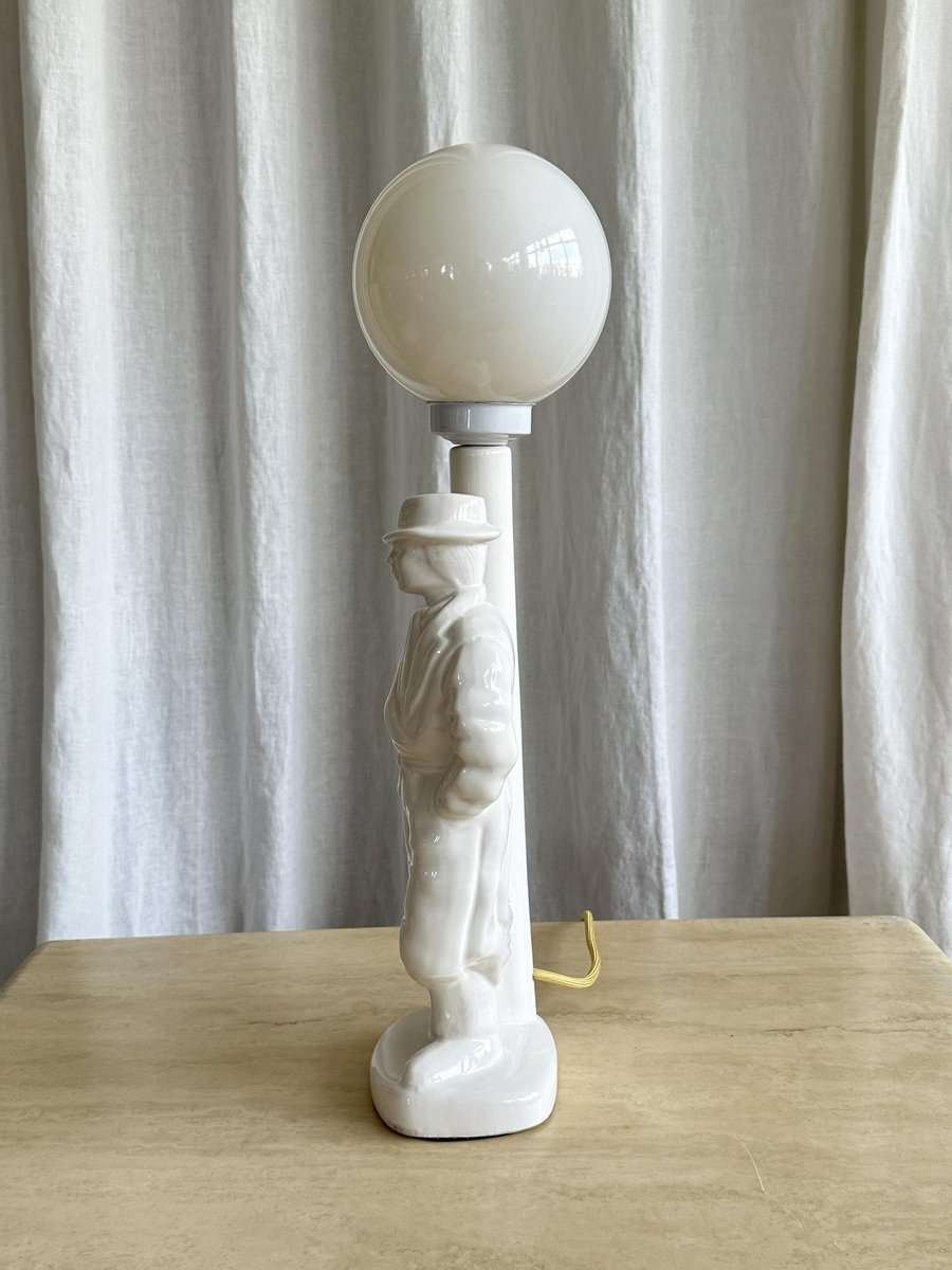 White Porcelain Table Lamp with Detective Sculpture and Spherical Milk ...