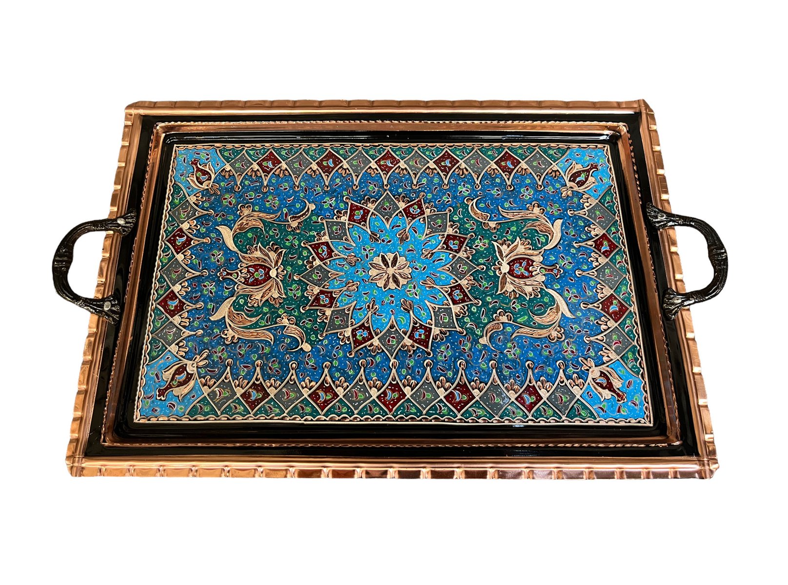 Hand Carved Floral Design Rectangle Tray with Handles for sale at Pamono
