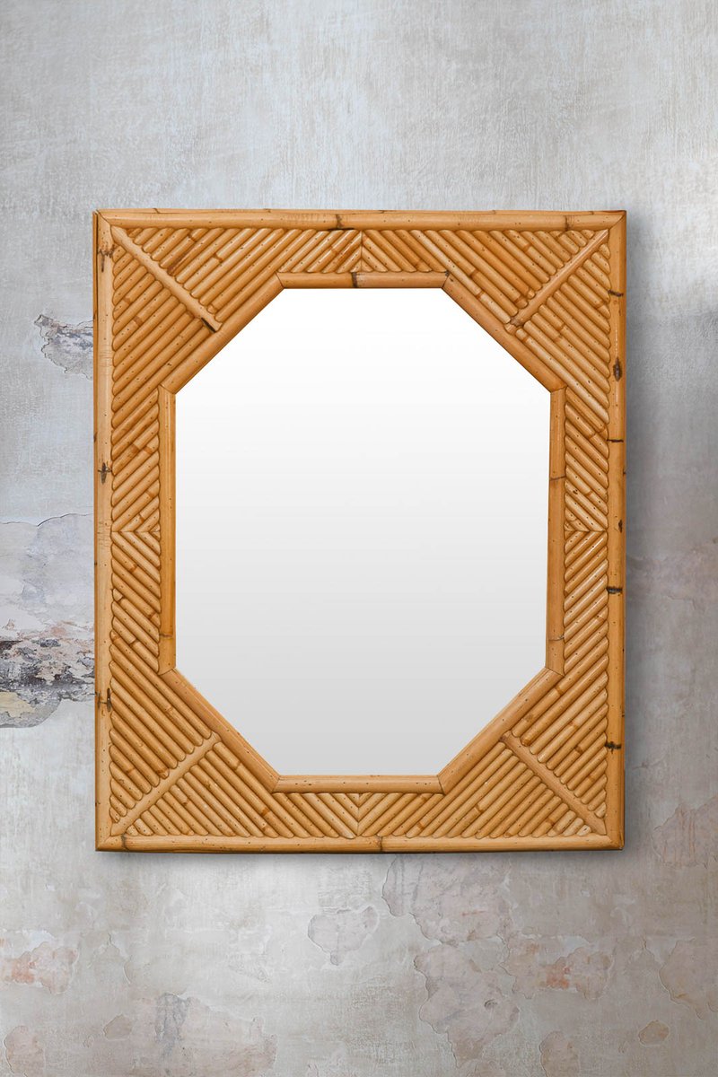 Octagonal Mirror with Rectangular Bamboo Frame, 1970s for sale at Pamono