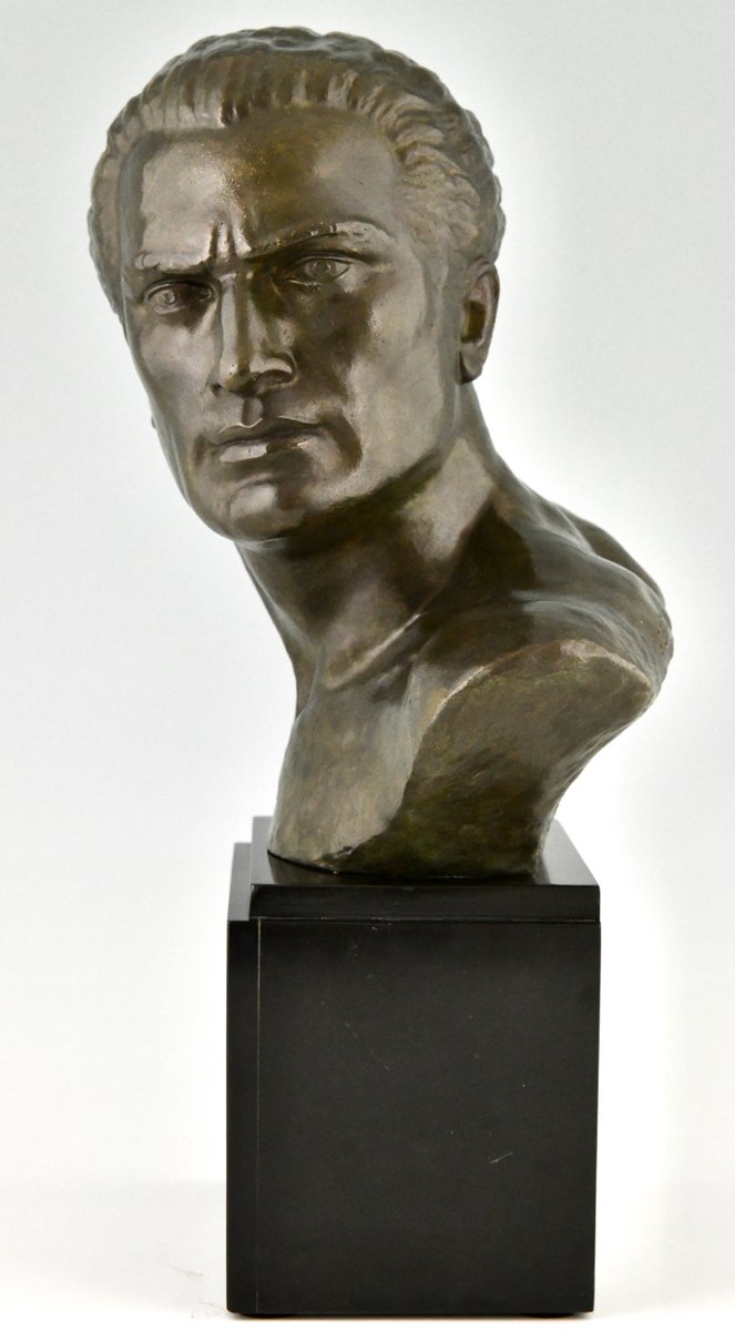 Lucien Gibert, Art Deco Male Bust of Aviator Jean Mermoz, 1925, Bronze ...