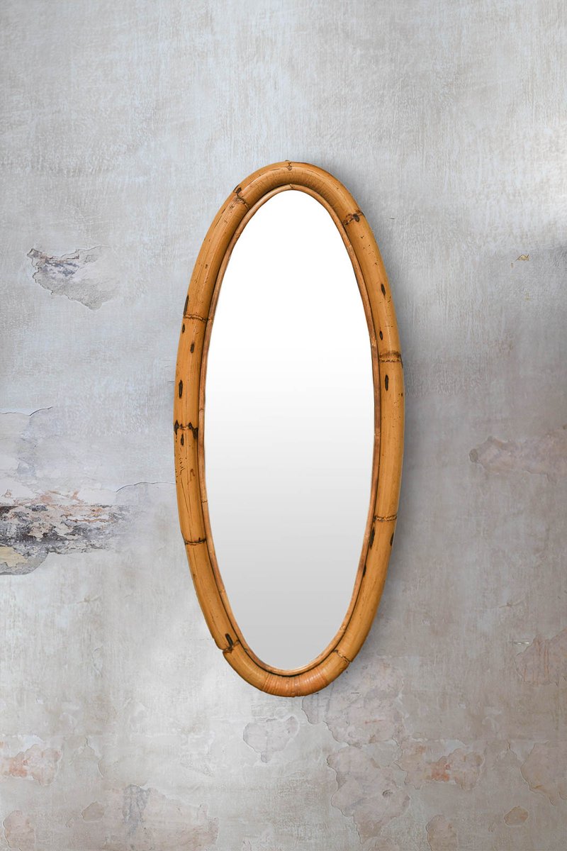 Elliptical Mirror with Thick Cane Frame, Italy, 1970s for sale at Pamono