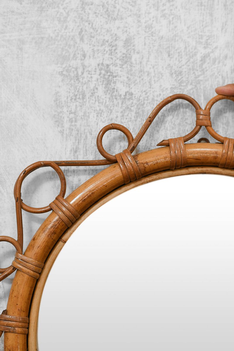 Mid-Century Circular Rattan Mirror with Handwoven Thin Patterns, 1950s ...