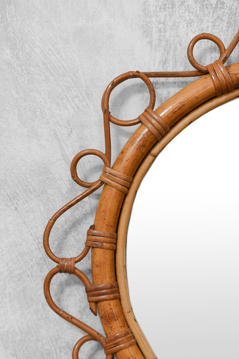 Mid-Century Circular Rattan Mirror with Handwoven Thin Patterns, 1950s ...