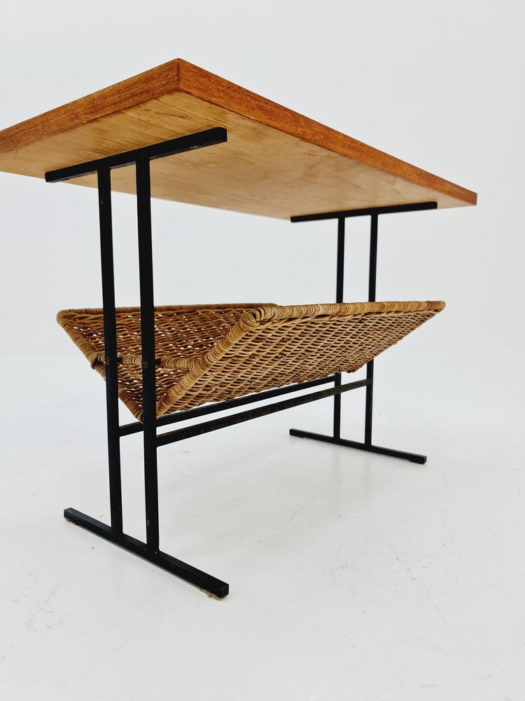 Mid-Century Danish Teak and Rattan Side Table with Magazine Rack, 1960s ...