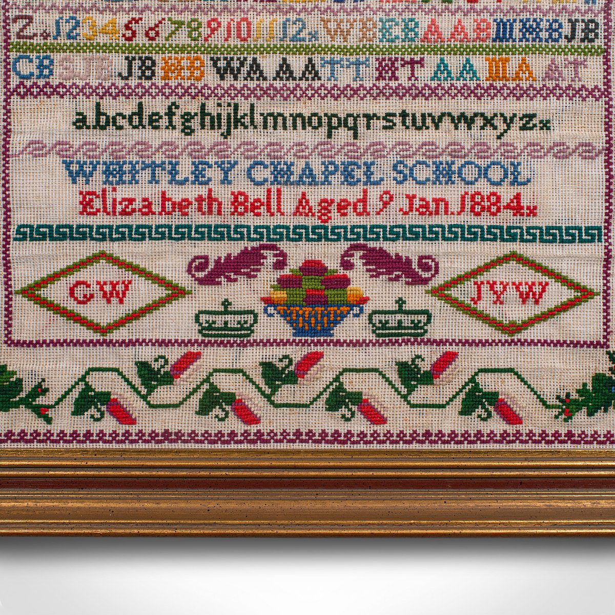 Antique English School Sampler Needlepoint Embroidery Display, 1884 for ...