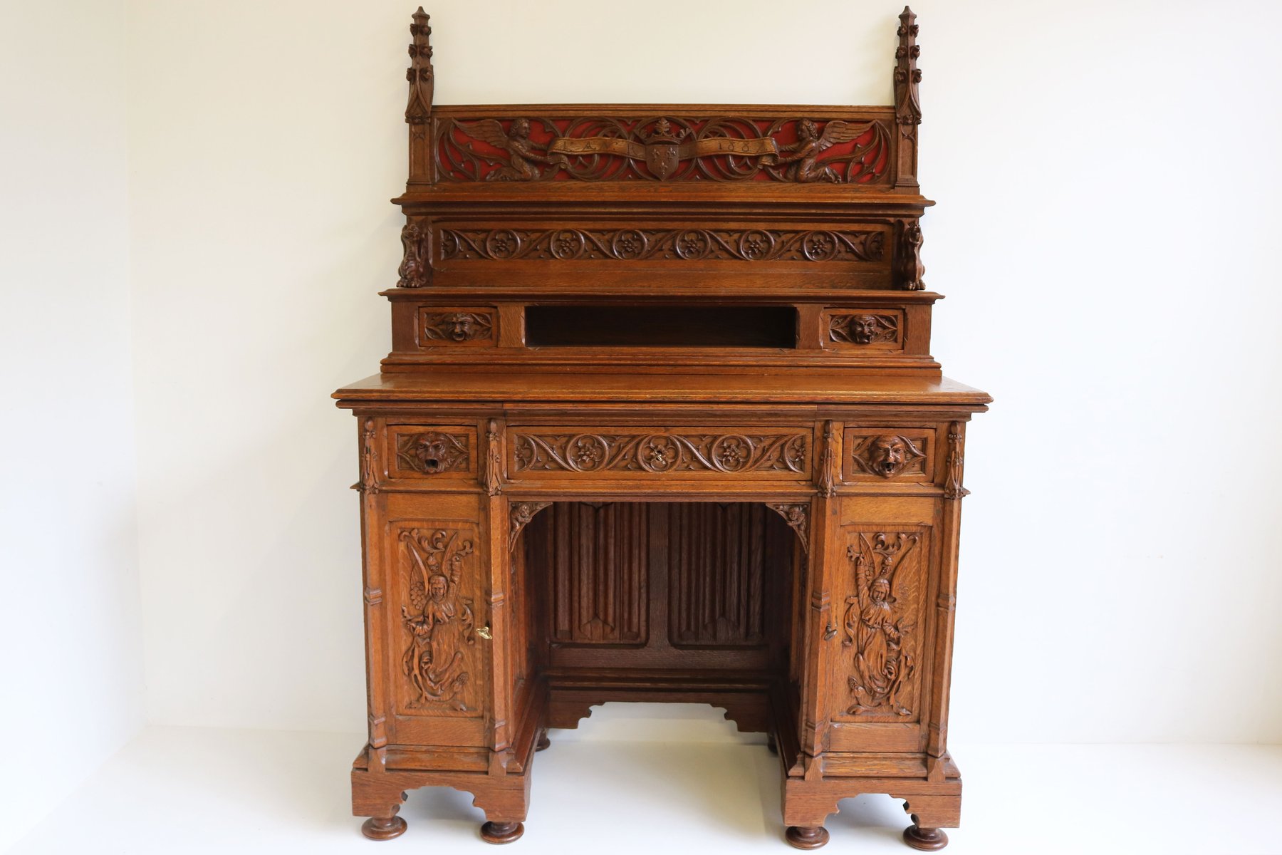 19th Century Gothic Revival Writing Desk in Carved Oak with Angels ...