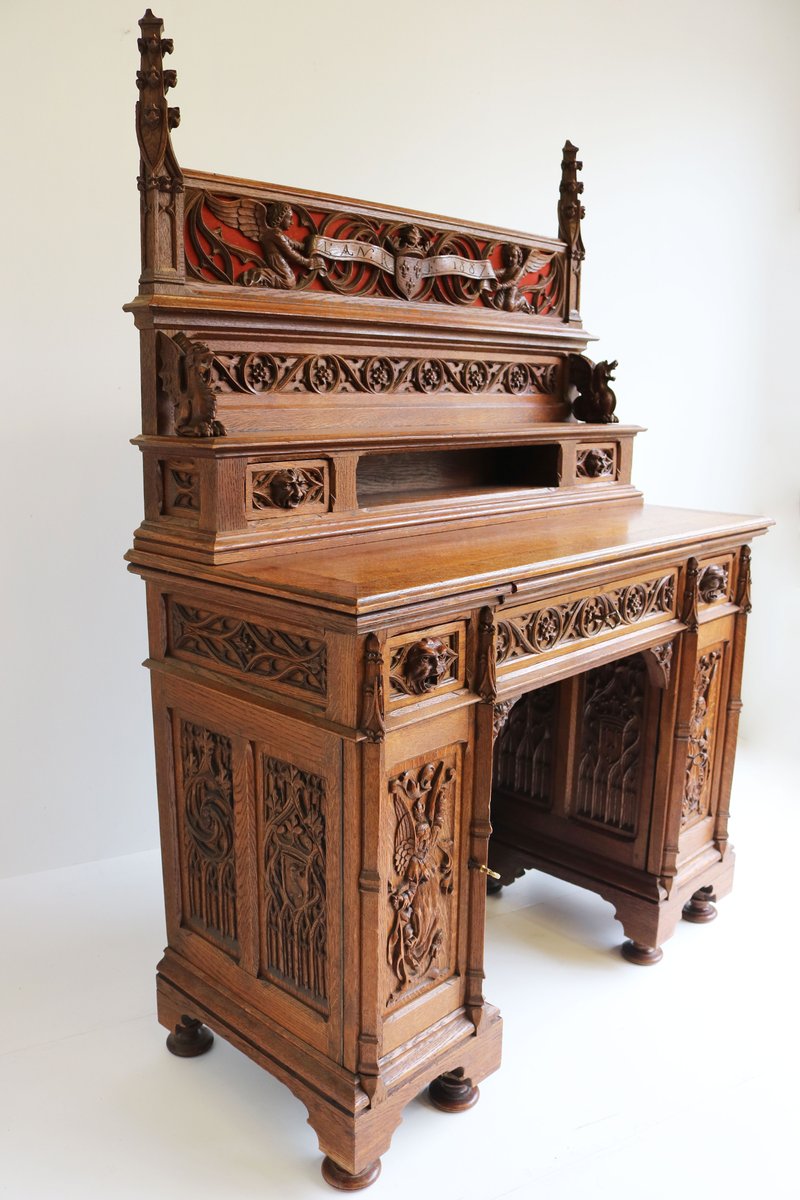 19th Century Gothic Revival Writing Desk in Carved Oak with Angels ...