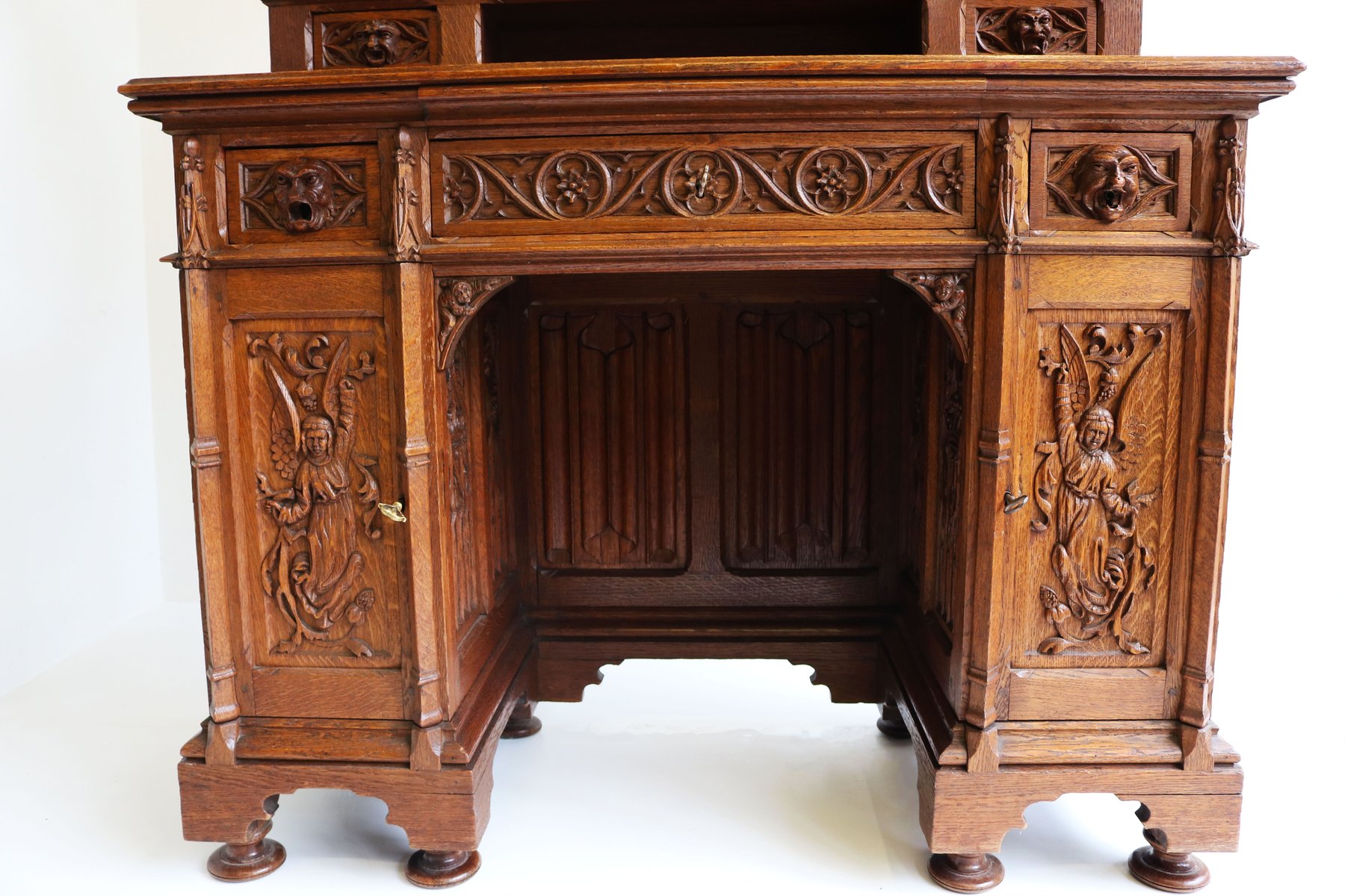 19th Century Gothic Revival Writing Desk in Carved Oak with Angels ...
