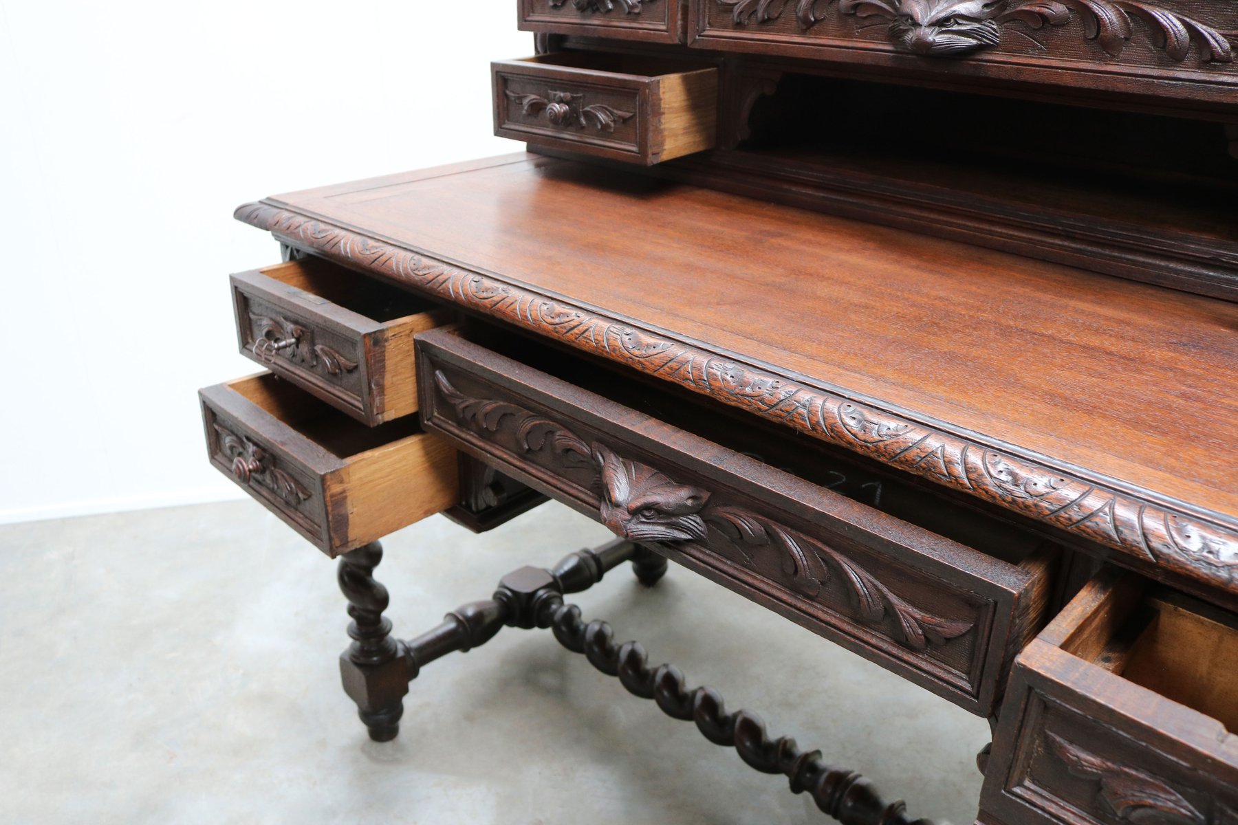 19th Century French Renaissance Revival Hunt Desk with Barley Twist Oak ...