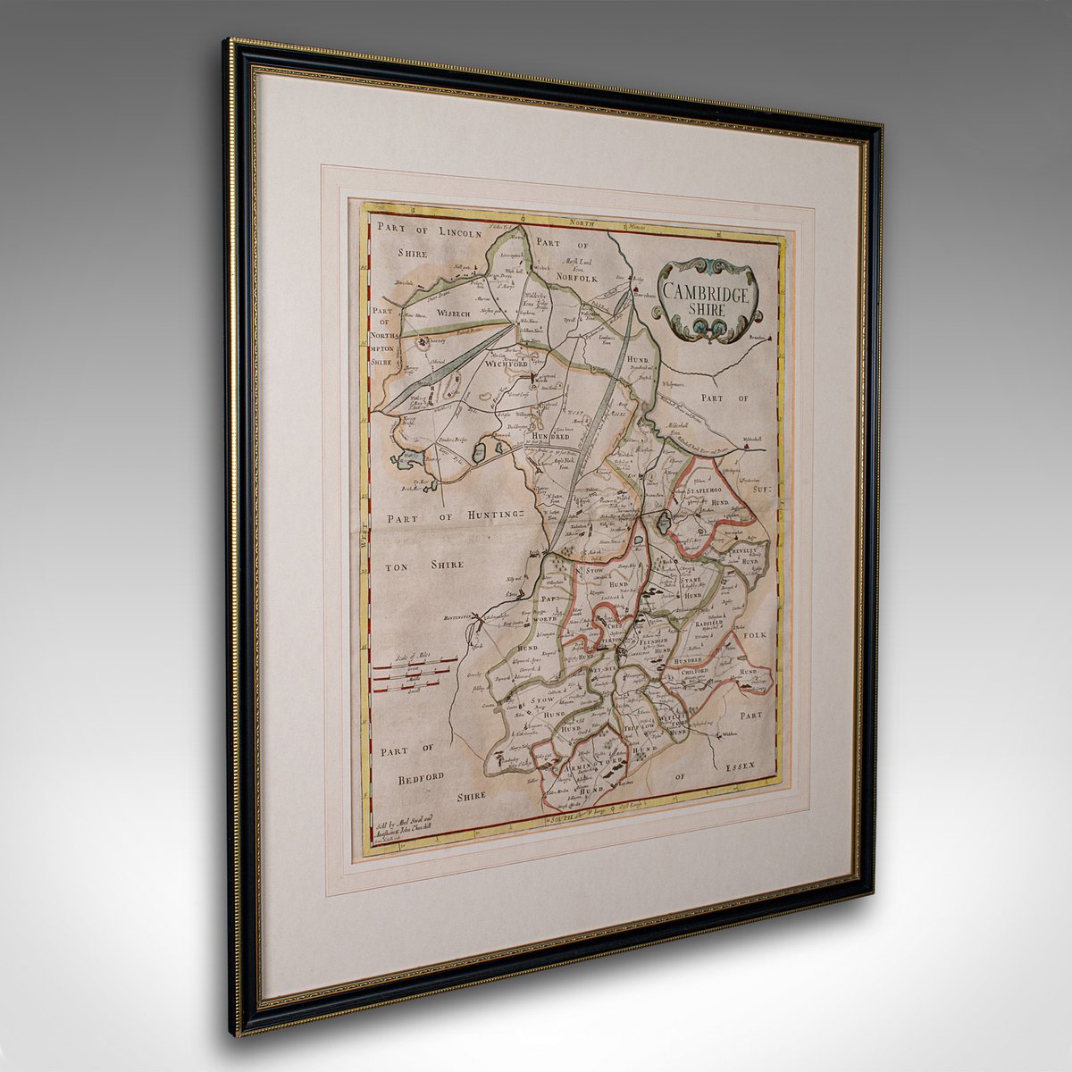 Antique English Framed Cambridgeshire County Map by Robert Morden, Late ...