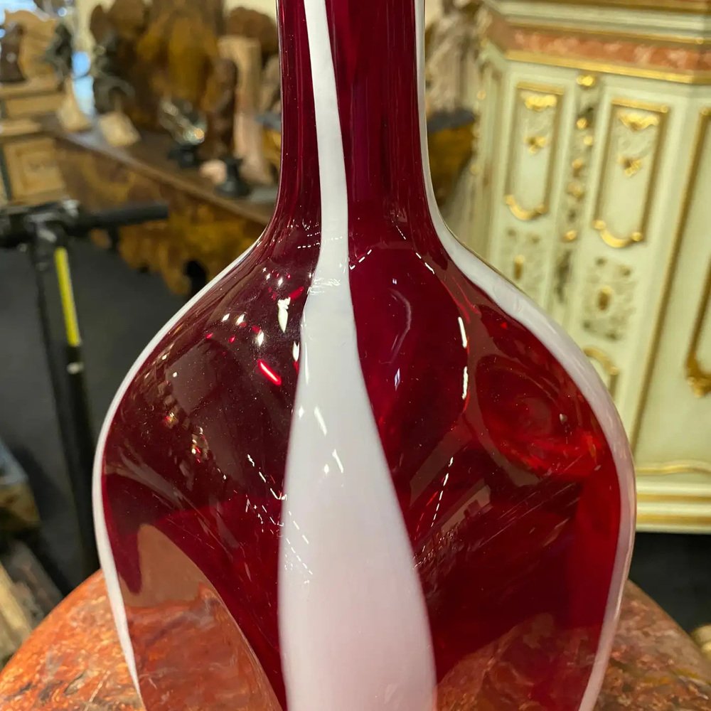 Modernist Red and White Tall Murano Glass Bottle Vase attributed to ...