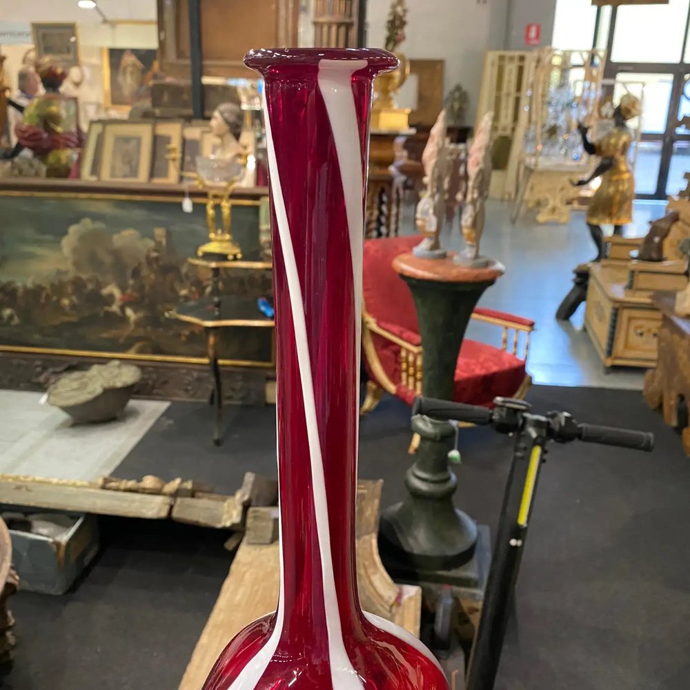 Modernist Red and White Tall Murano Glass Bottle Vase attributed to ...