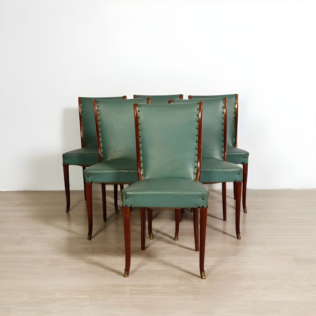 Vintage Dining Chairs in Green Skai Fabric with Wooden Legs, 1950s, Set ...