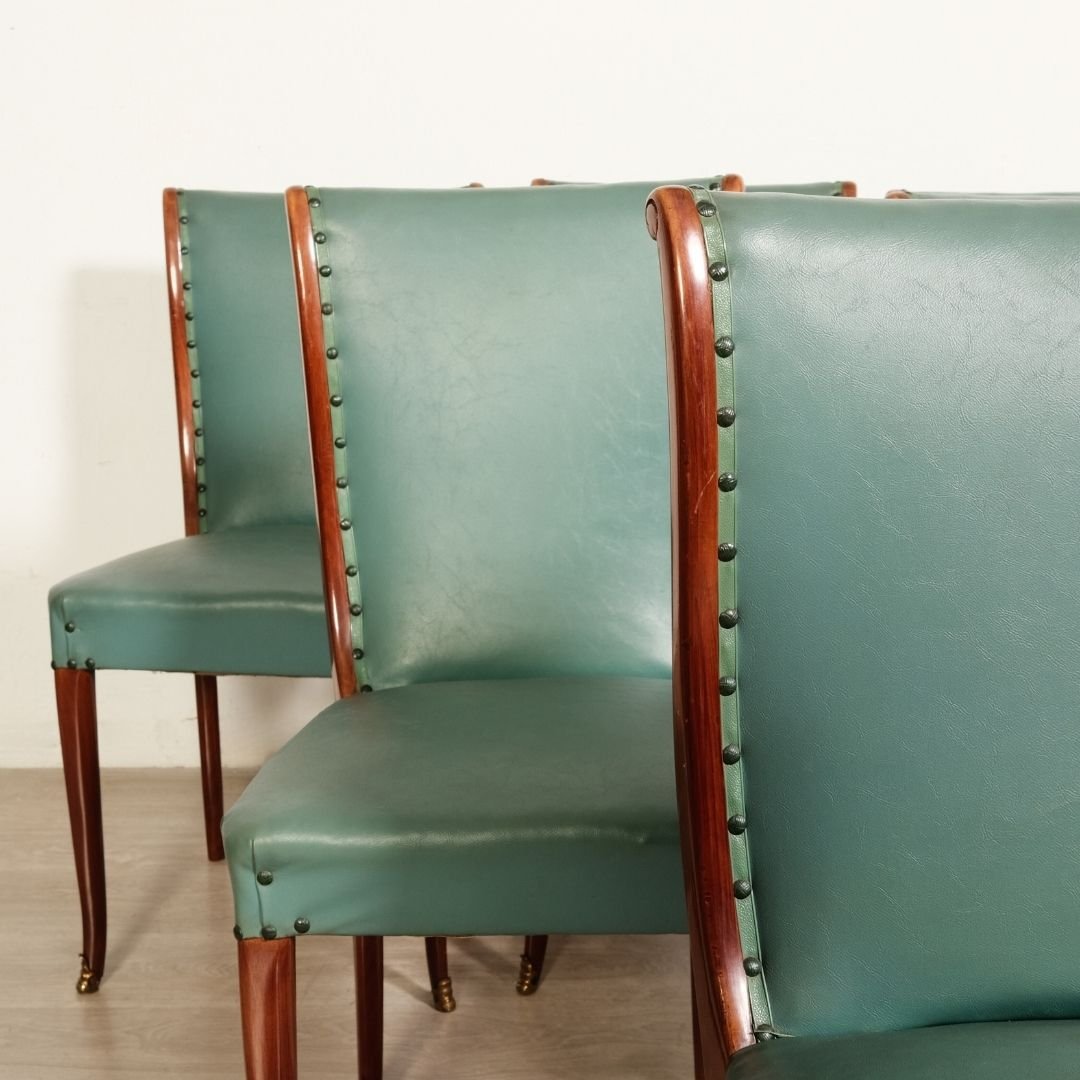 Vintage Dining Chairs in Green Skai Fabric with Wooden Legs, 1950s, Set ...