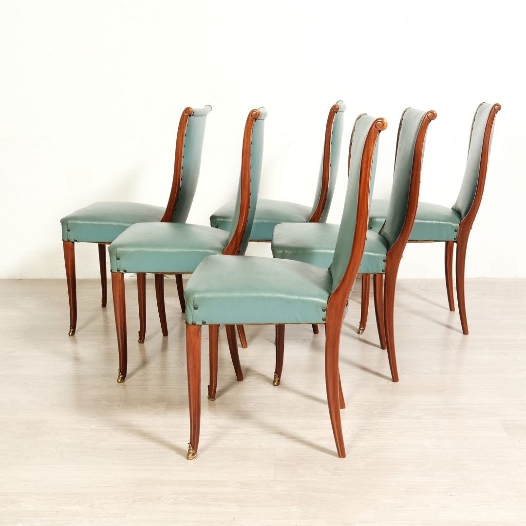 Vintage Dining Chairs in Green Skai Fabric with Wooden Legs, 1950s, Set ...