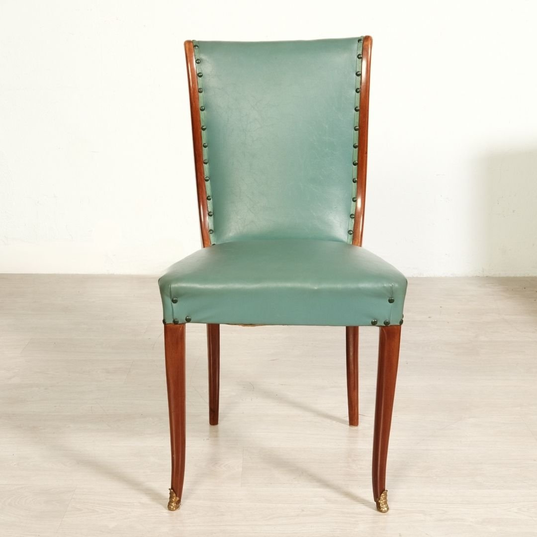 Vintage Dining Chairs in Green Skai Fabric with Wooden Legs, 1950s, Set ...