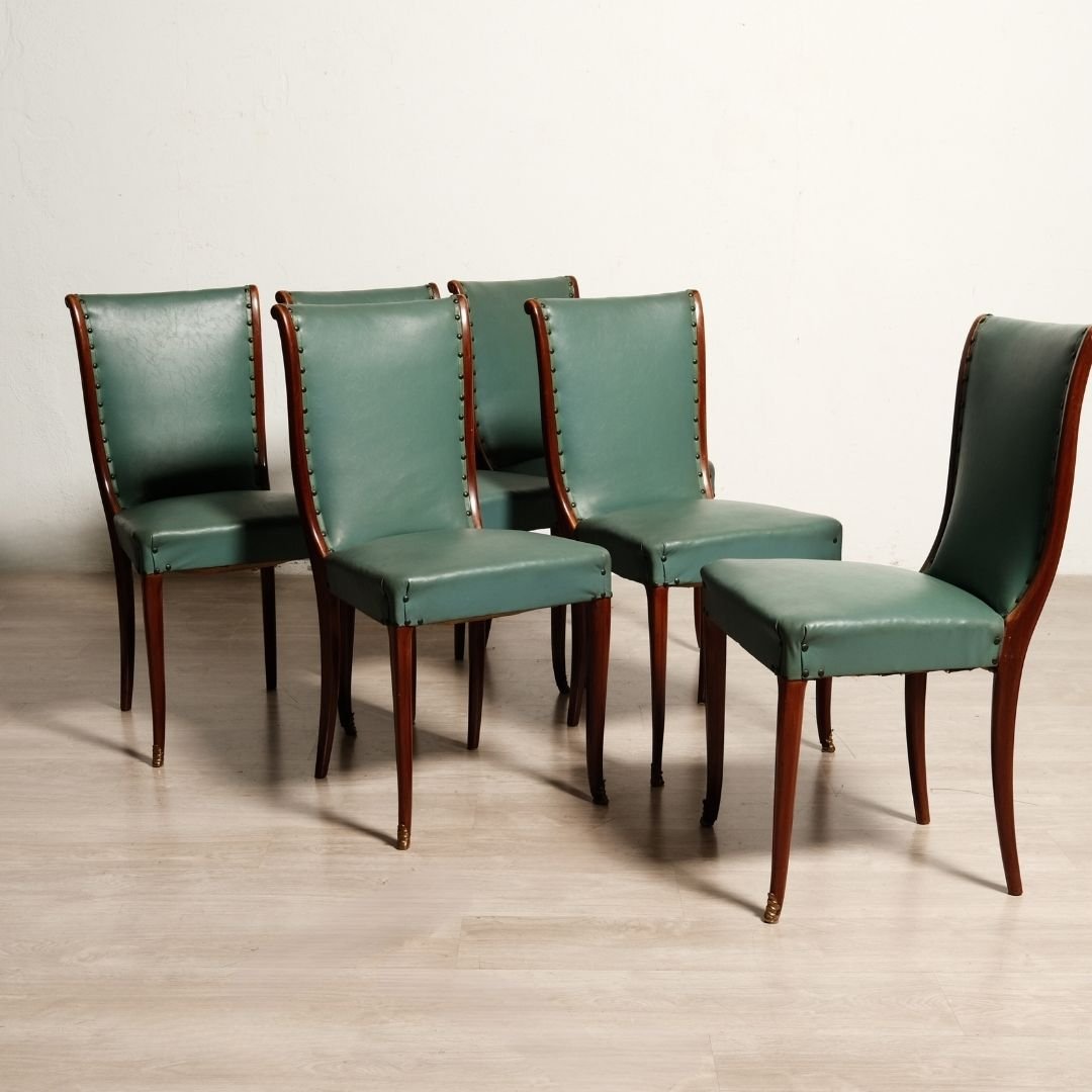 Vintage Dining Chairs in Green Skai Fabric with Wooden Legs, 1950s, Set ...