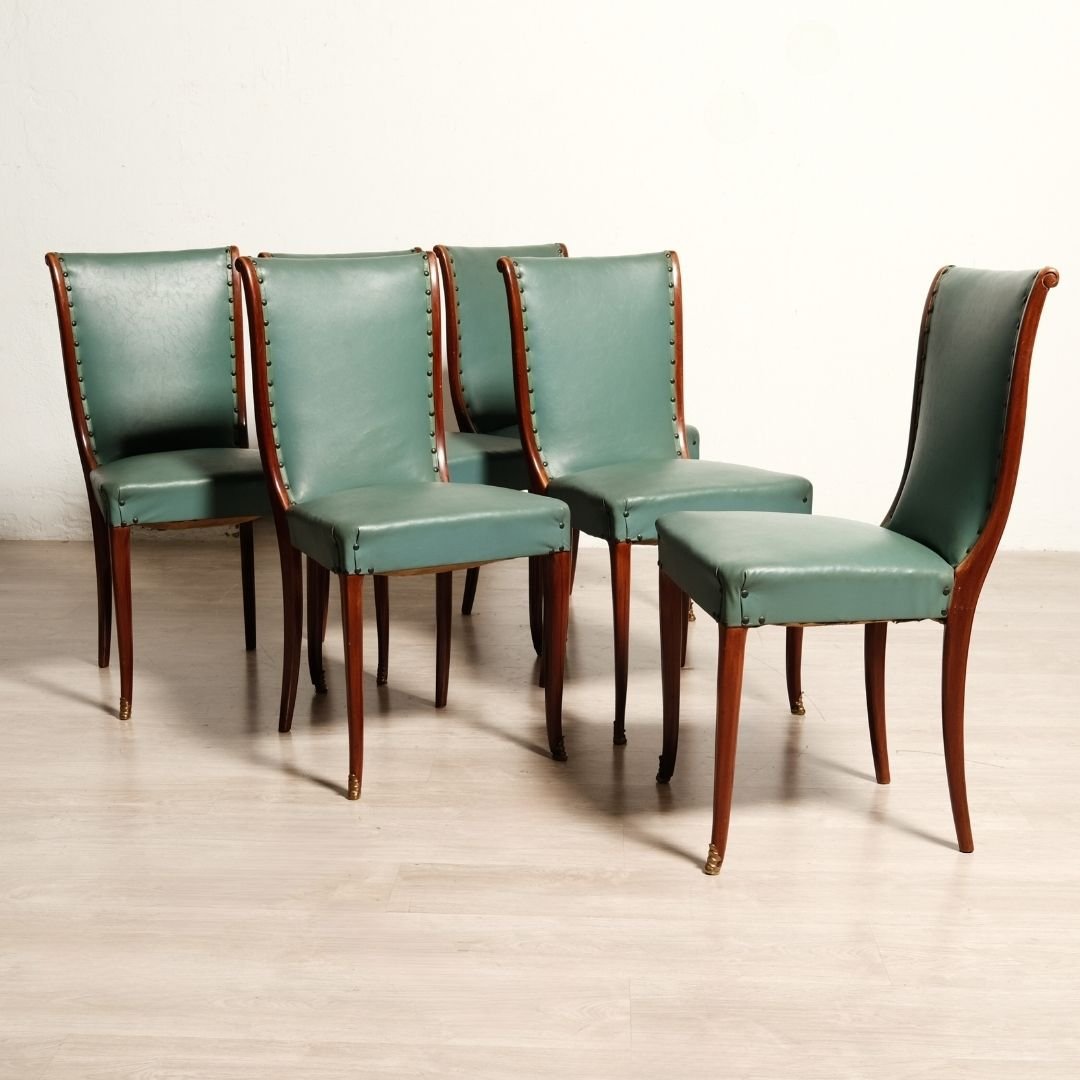 Vintage Dining Chairs in Green Skai Fabric with Wooden Legs, 1950s, Set ...