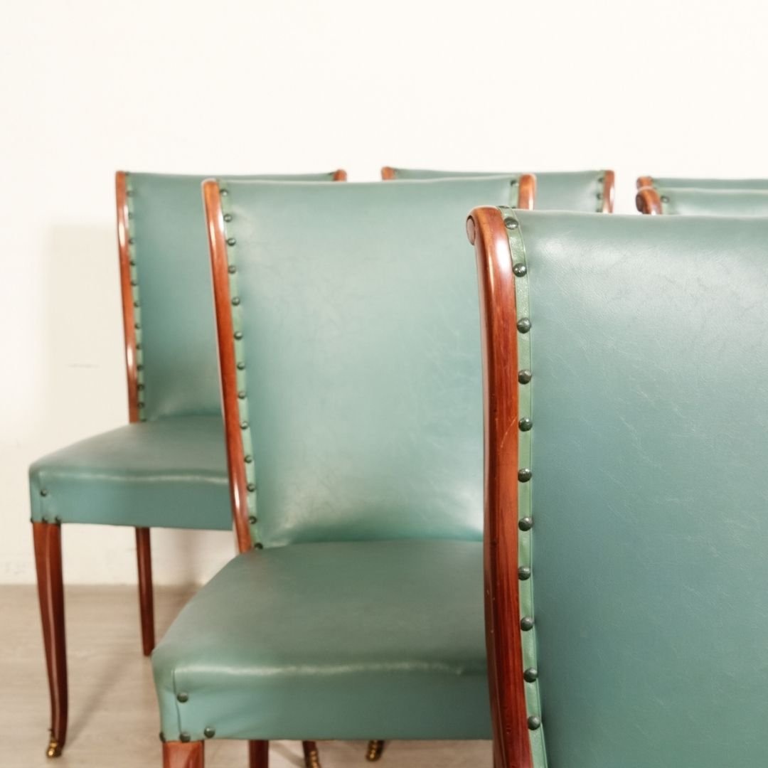 Vintage Dining Chairs in Green Skai Fabric with Wooden Legs, 1950s, Set ...