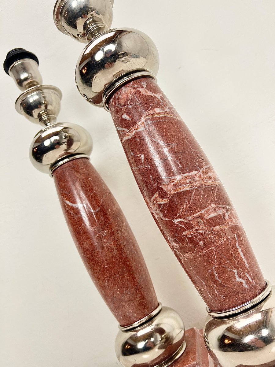 Red Marble and Chromed Steel Column Table Lamps, 1970s, Set of 2 for ...