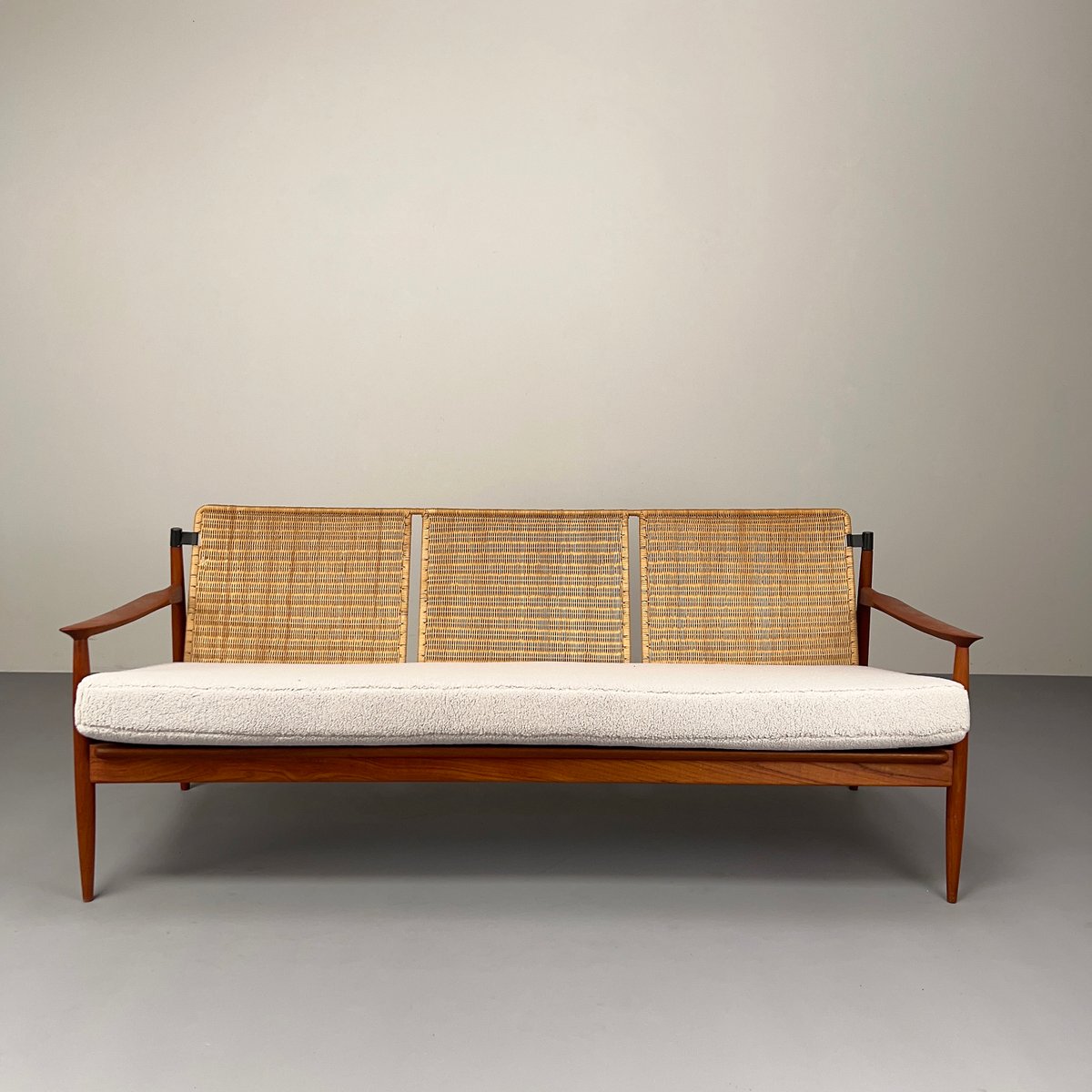 3-Seater Teak Sofa with Rattan Backrest & Bouclé Cover by Carl Straub ...