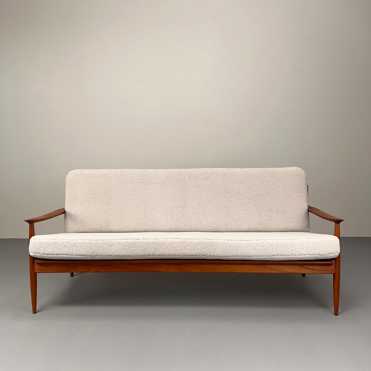 3-Seater Teak Sofa with Rattan Backrest & Bouclé Cover by Carl Straub ...