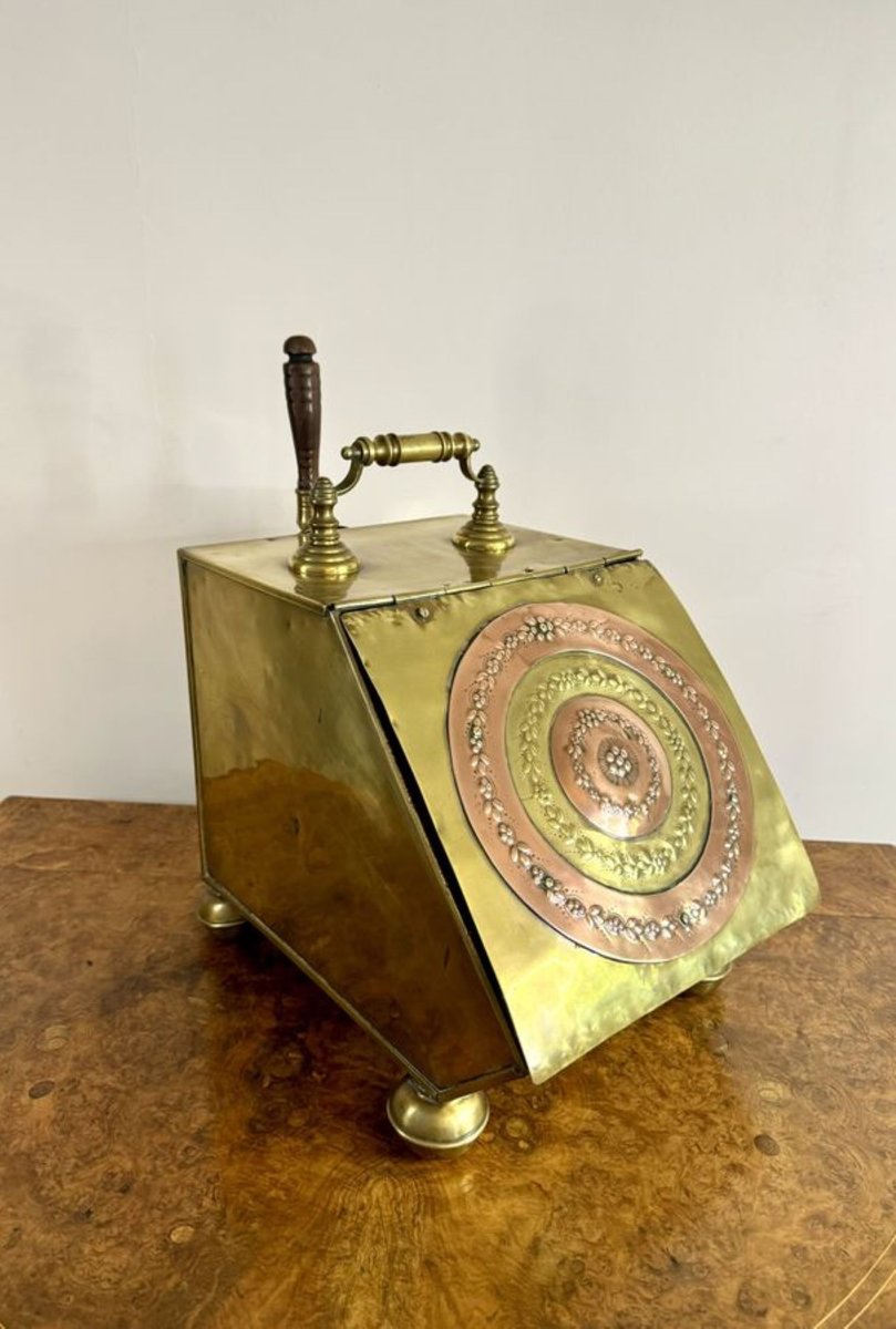 Antique Victorian Brass and Copper Coal Box, 1880 for sale at Pamono