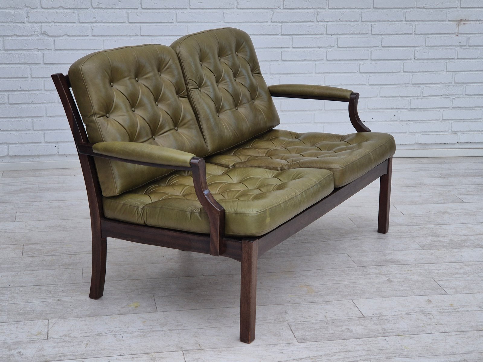 Scandinavian 2 Seater Sofa in Green Leather & Teak Wood, 1970s for sale ...