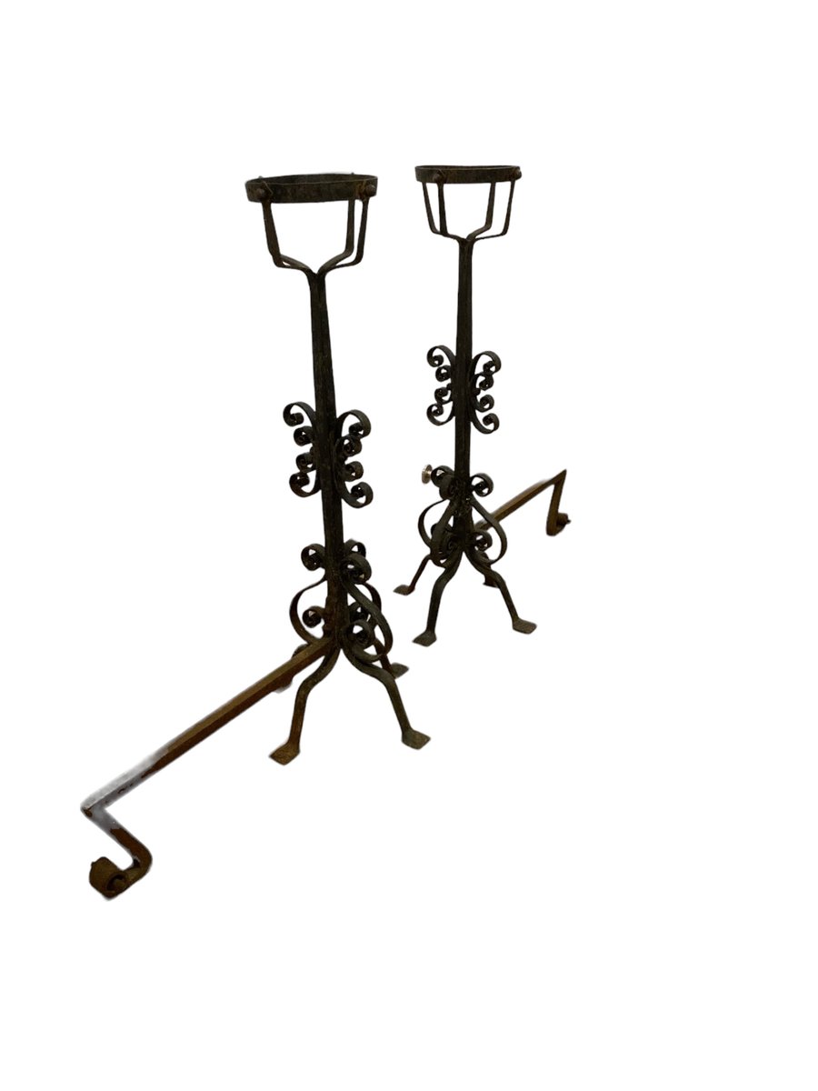 Large French Wrought Iron Fire Dogs, Set of 2 for sale at Pamono