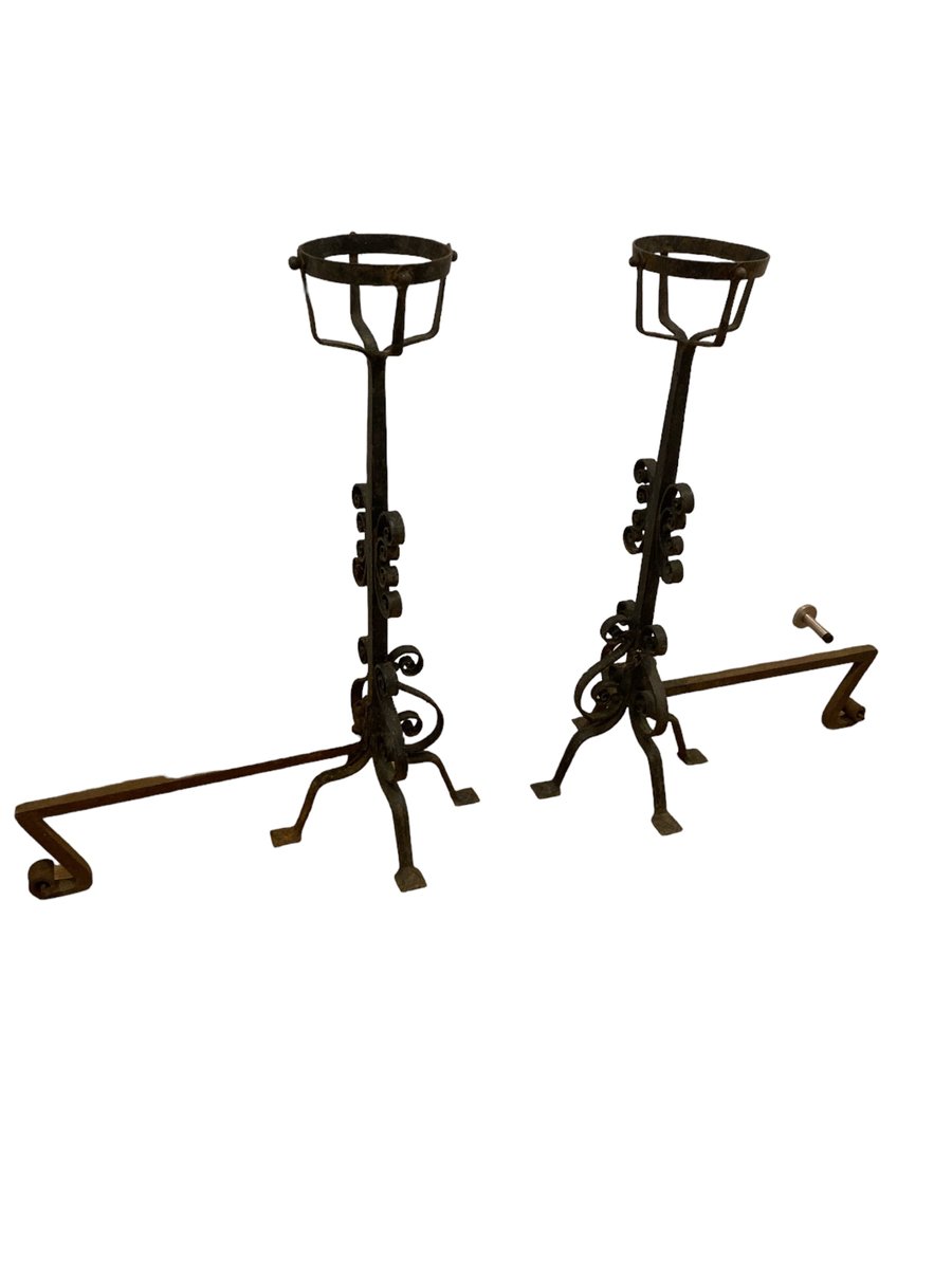 Large French Wrought Iron Fire Dogs, Set of 2 for sale at Pamono