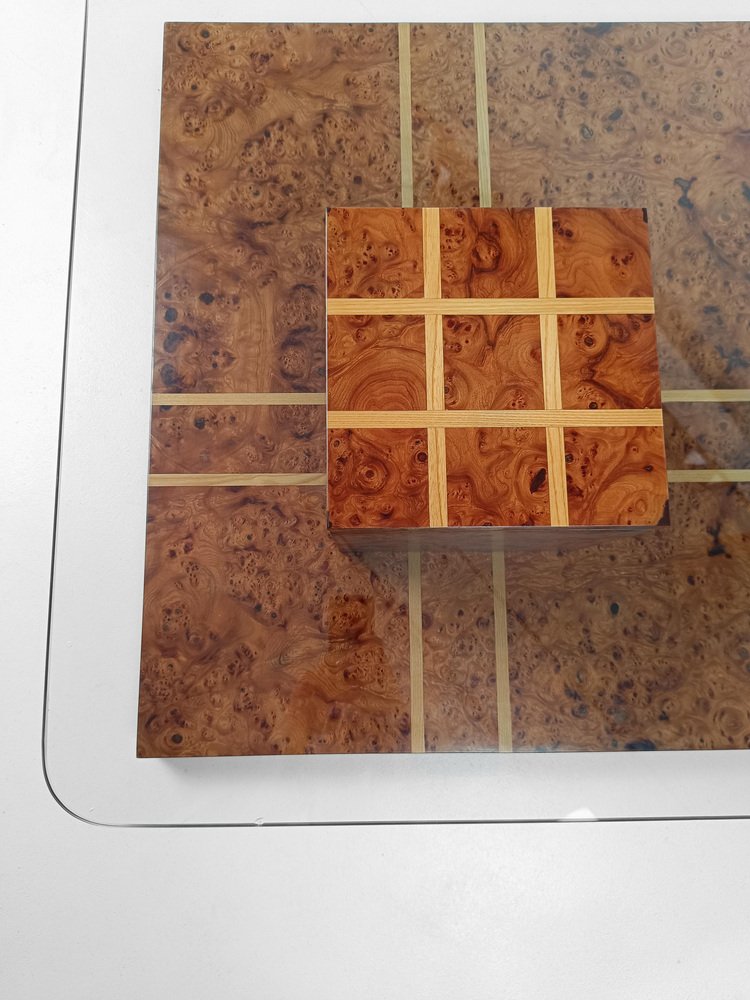 Table Basse Carrée Incrustée de Loupe d'Orme et Loupe de Chêne avec ...