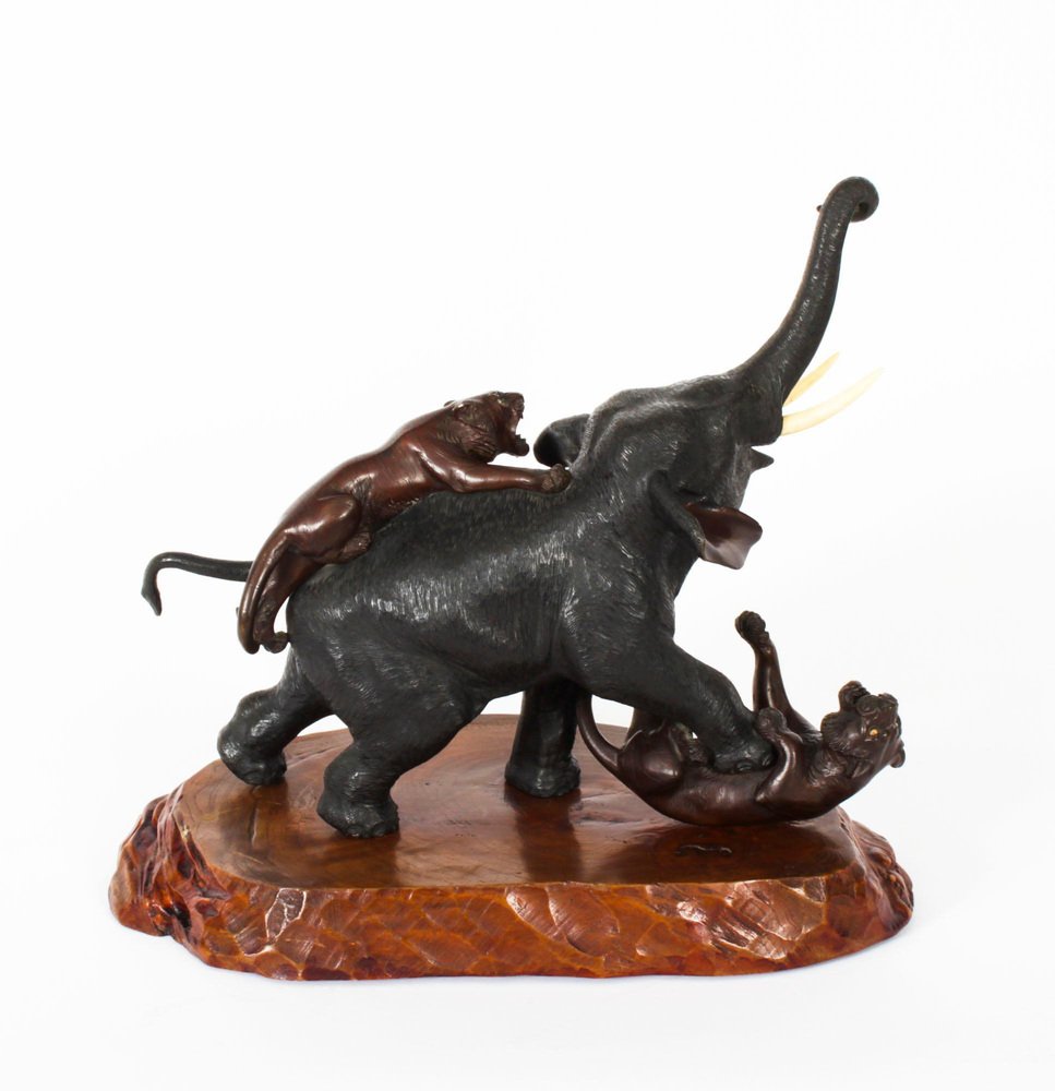 Large Antique Japanese Bronze Elephant & Tigers Figure, 19th Century ...
