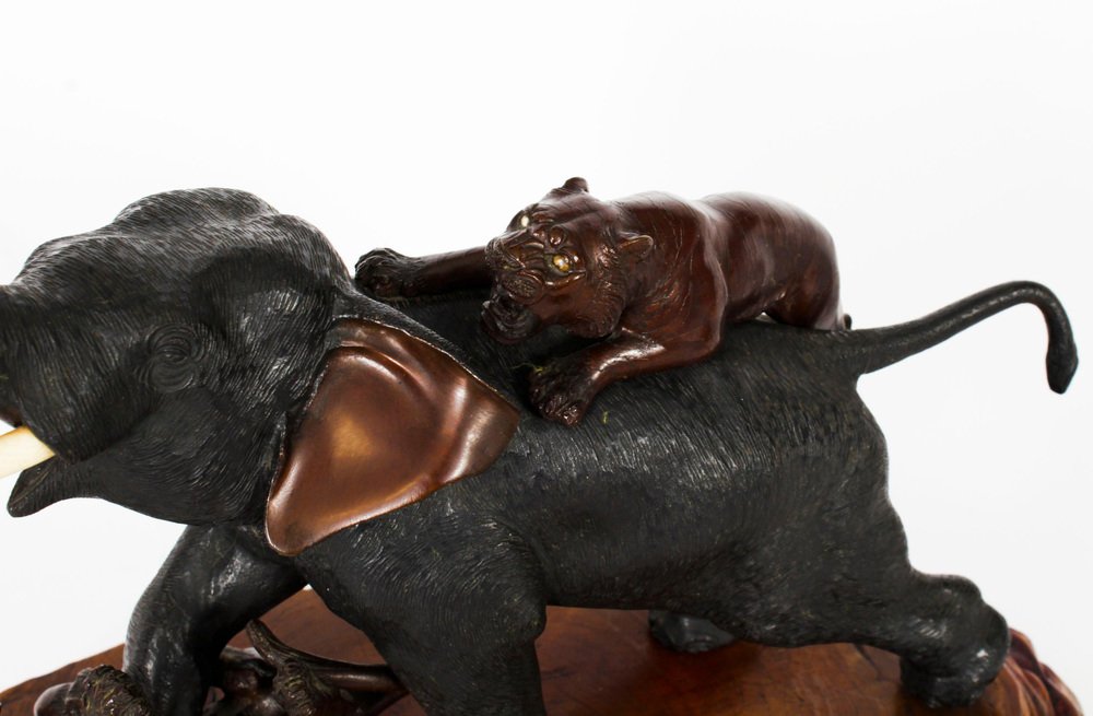 Large Antique Japanese Bronze Elephant & Tigers Figure, 19th Century ...